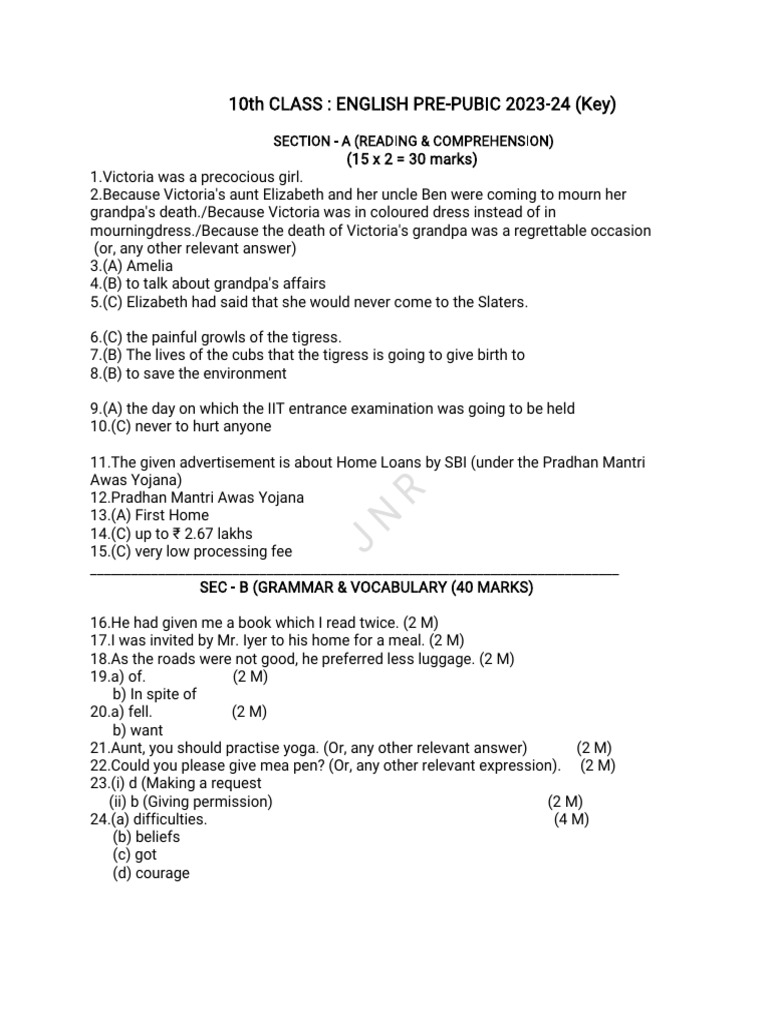 10th Class English Pre-Public Exam Key | PDF