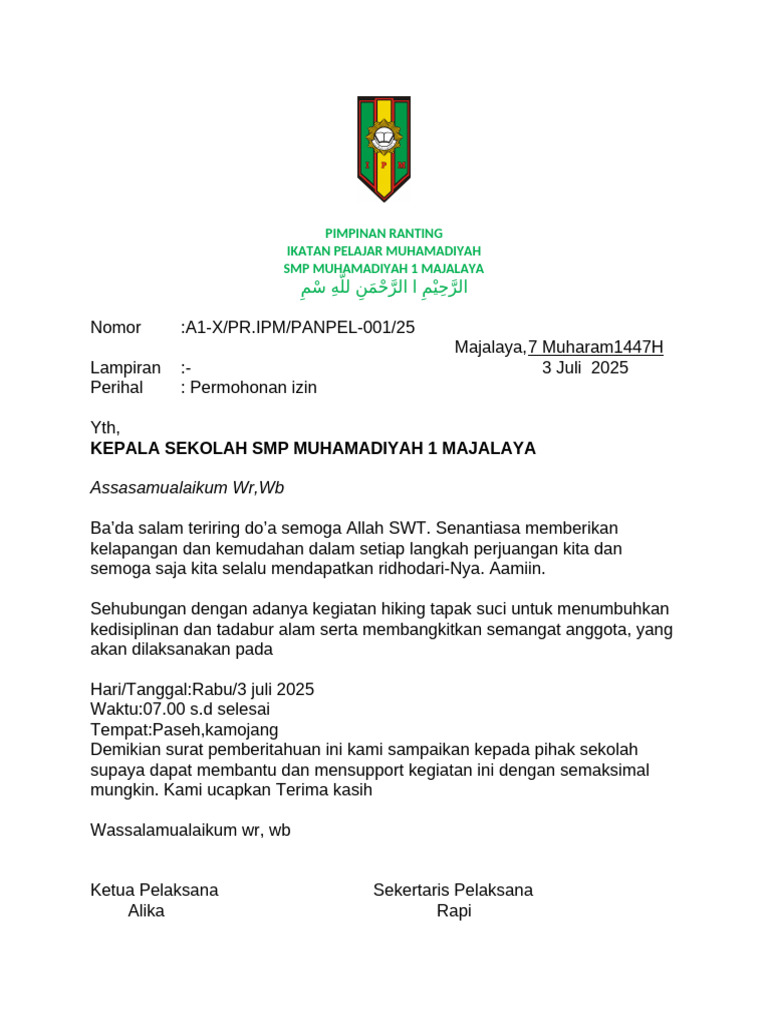 Izin Kegiatan Hiking Tapak Suci SMP Muhammadiyah | PDF