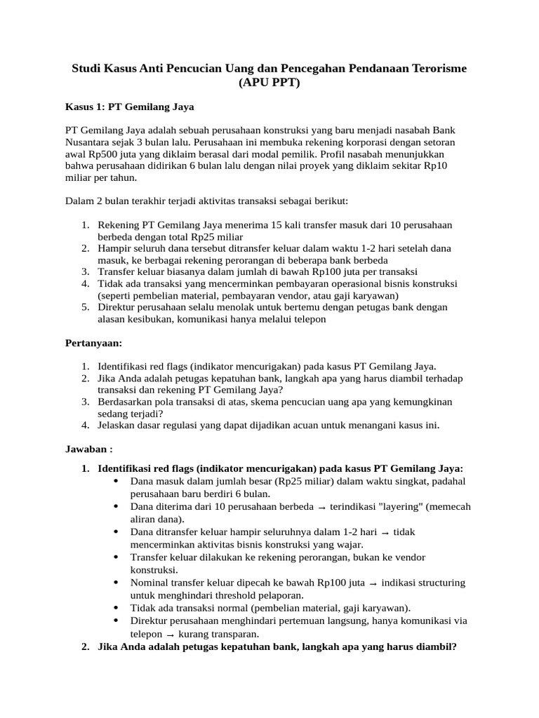 Studi Kasus Anti Pencucian Uang Dan Pencegahan Pendanaan Terorisme | PDF