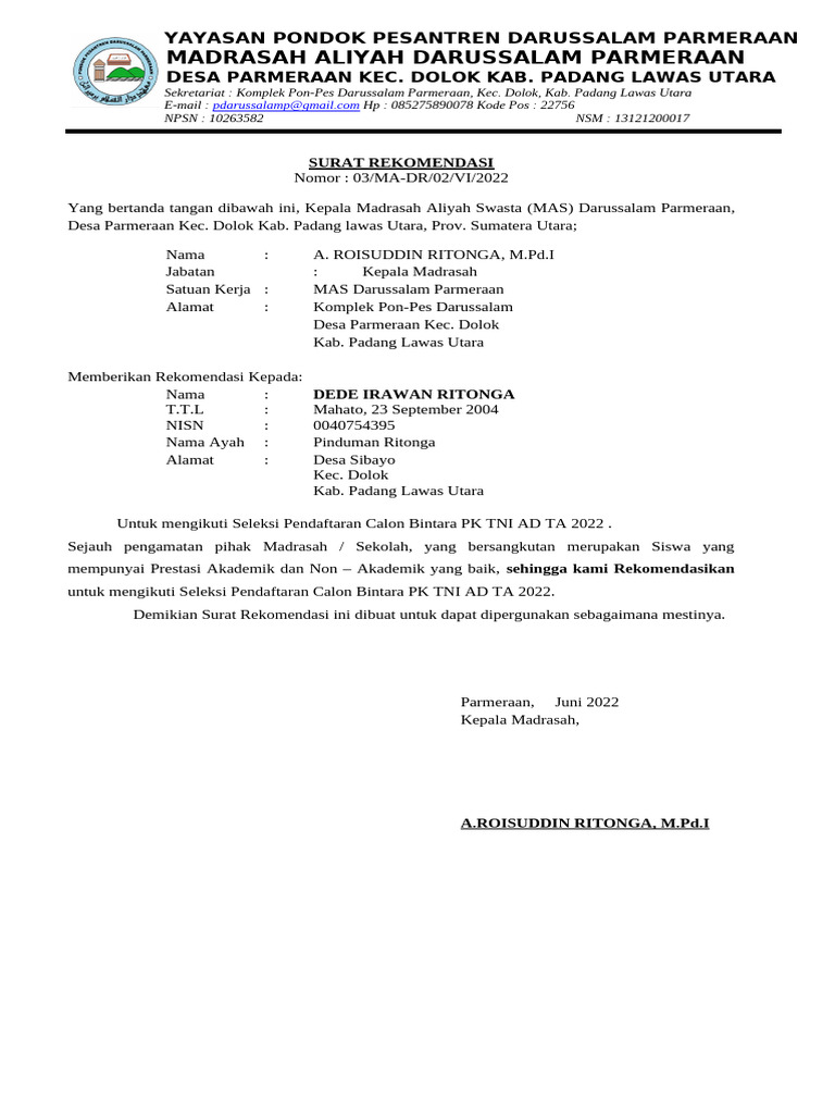 Surat Rekomendasi Dede Irawan | PDF