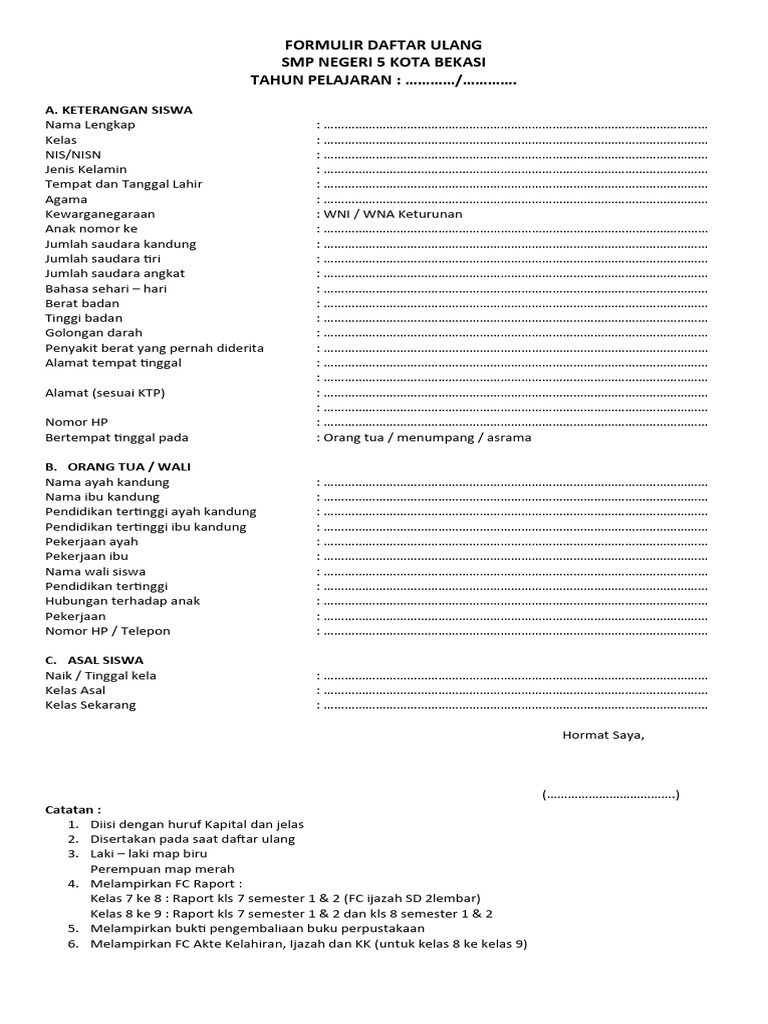 Formulir Daftar Ulang | PDF