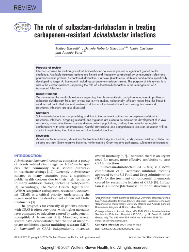 The Role of Sulbactam-Durlobactam in Treating Carbapenem-Resistant Acinetobacter Infections ...
