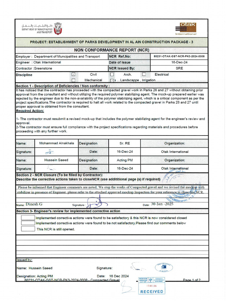 OTAK GST NCR PK3 2024 0008 Non Conformance Report Compacted Gravel | PDF