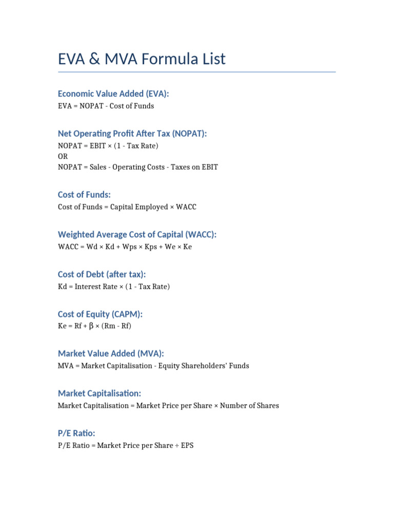 EVA MVA Formula List | PDF