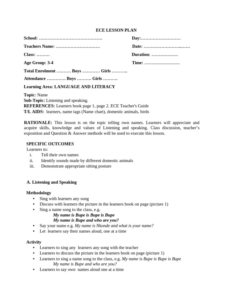 Ece Lesson Plan Litercy 3-4 t1 | PDF | Learning | Lesson Plan