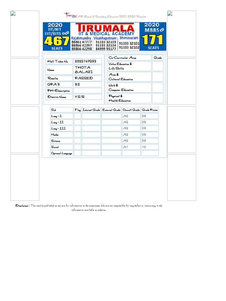 Balaji SSC Results 2020 - AP 10th Class Results 2020 | PDF