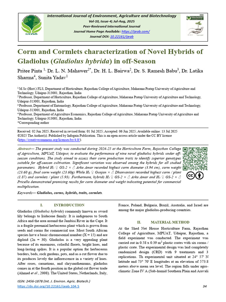 Corm and Cormlets Characterization of Novel Hybrids of Gladiolus ...