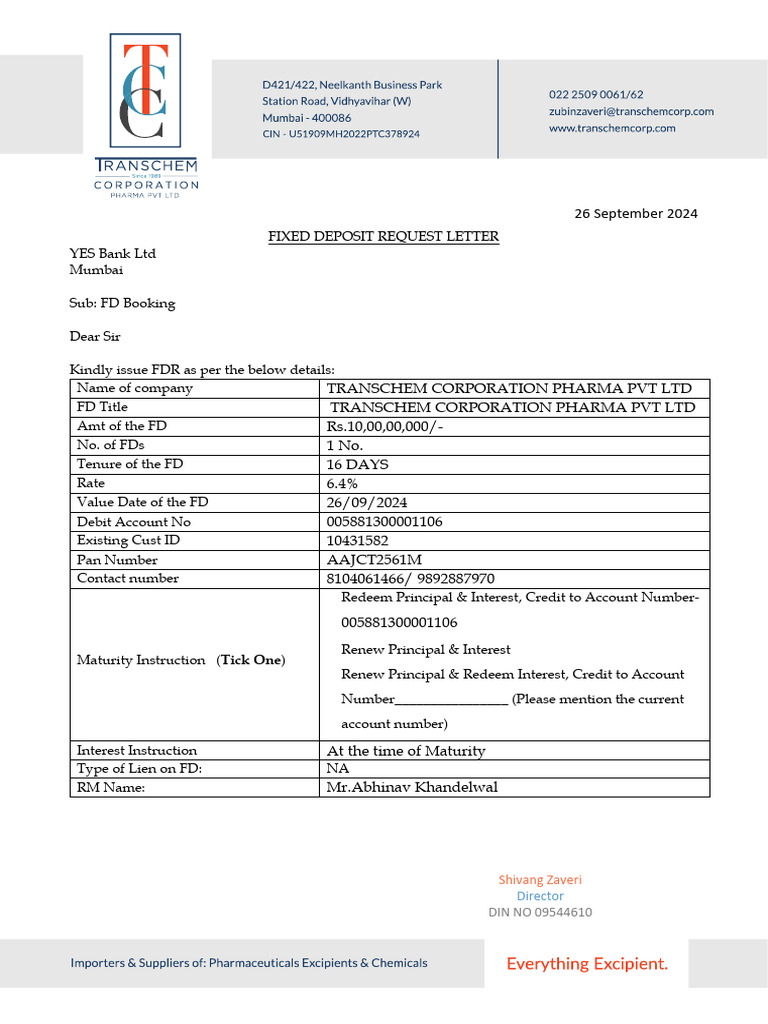FDR Letter For 10cr | PDF