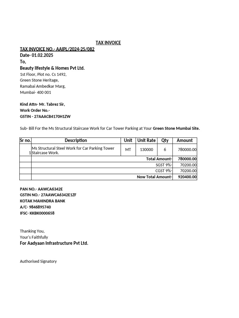 Tax Invoice 082 For Green Stone | PDF