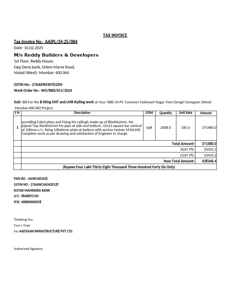Tax Invoice 84 For B Wing OHT Railing | PDF