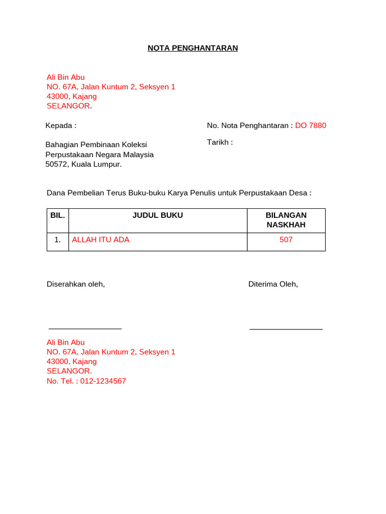 Contoh Nota Penghantaran | PDF
