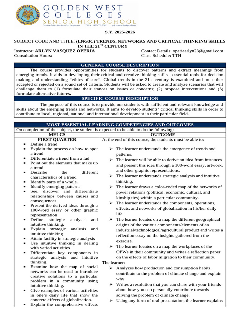 Syllabus - G12 (Trends, Networks, and Critical Thinking Skills in The 21ST Century Culture ...