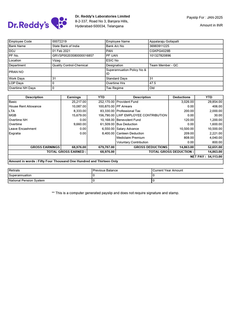 Jan 2025 Payslip | PDF | Employee Benefits | Pension