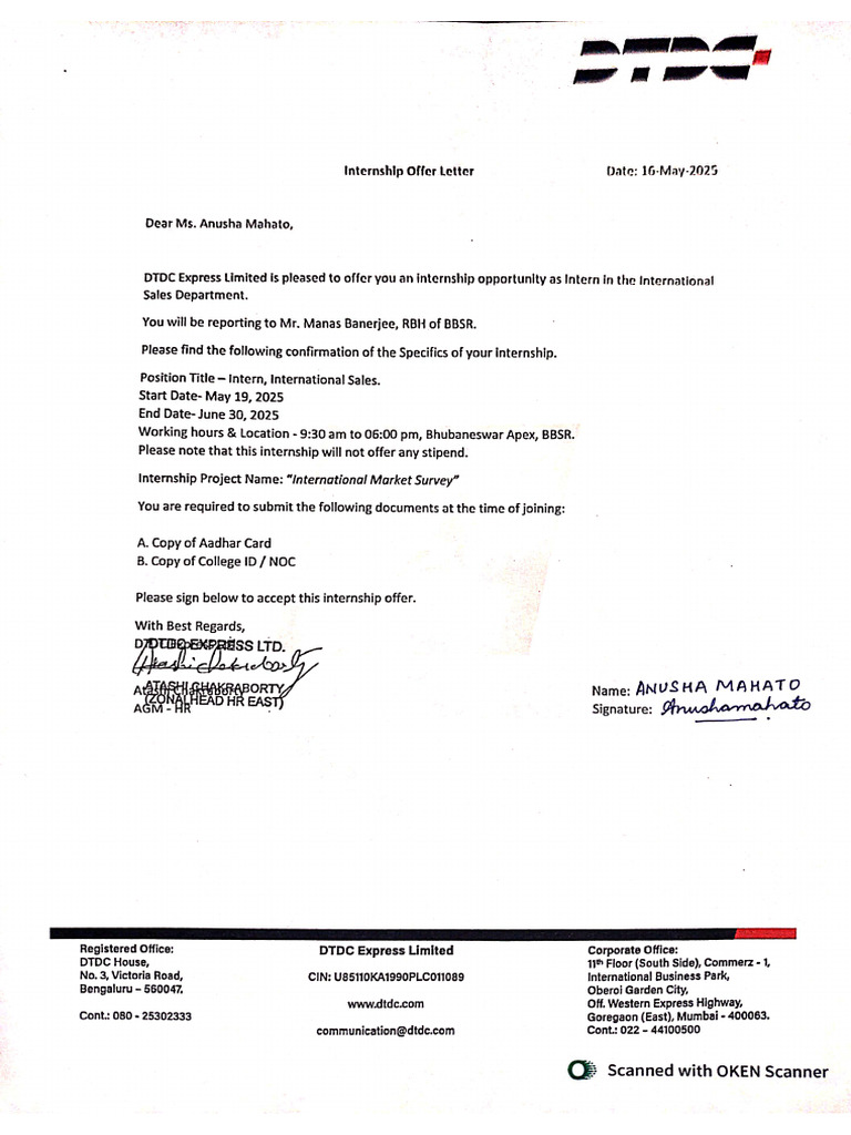 Anusha Mahato-International Sales Dept-Signed Offer Letter | PDF