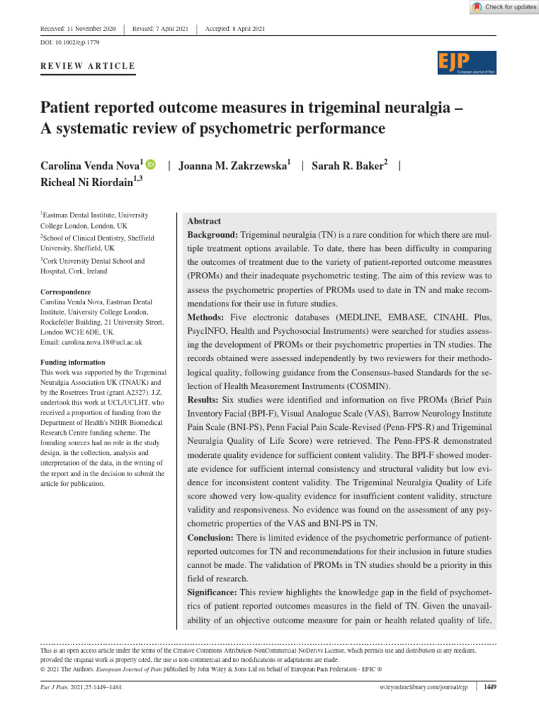 European Journal of Pain - 2021 - Venda Nova - Patient Reported Outcome Measures in Trigeminal ...