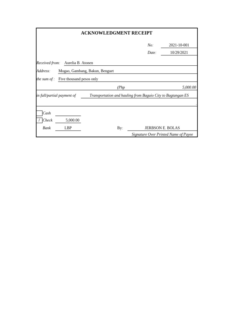 Acknowledgment Receipt.1 | PDF | Payments | Business Law