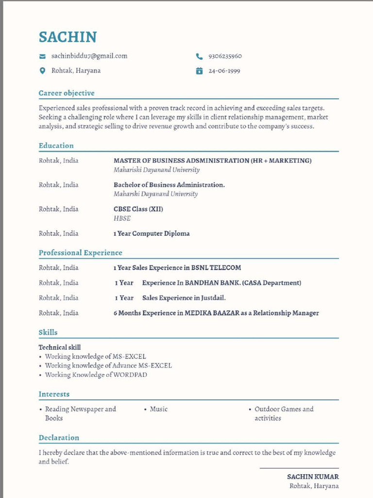 Sachin Kumar CV | PDF