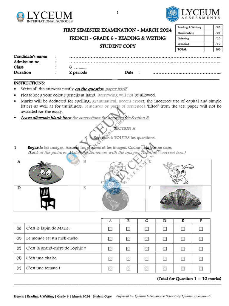 French - Grade 6 - March 2024 - Reading & Writing | PDF | Vocabulary | Verb