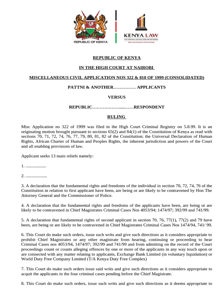Pattni & Another V Republic (2001) KEHC 833 (KLR) | PDF | Bail | Trials