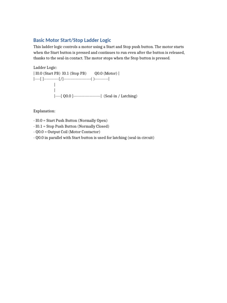 Motor Start/Stop Ladder Logic Guide | PDF