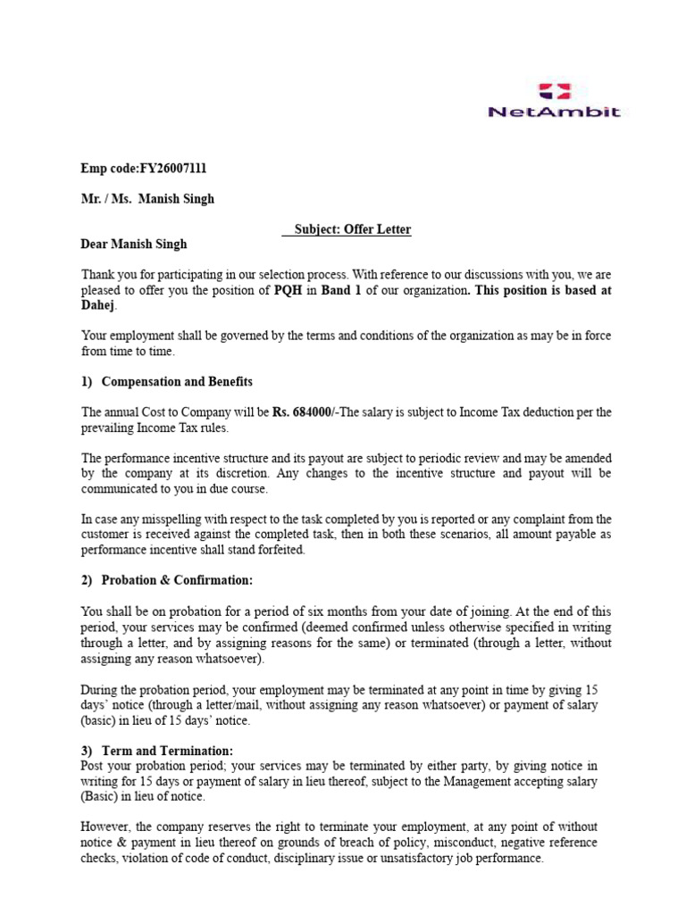 NetAmbit Offer Letter for Manish Singh | PDF | Identity Document