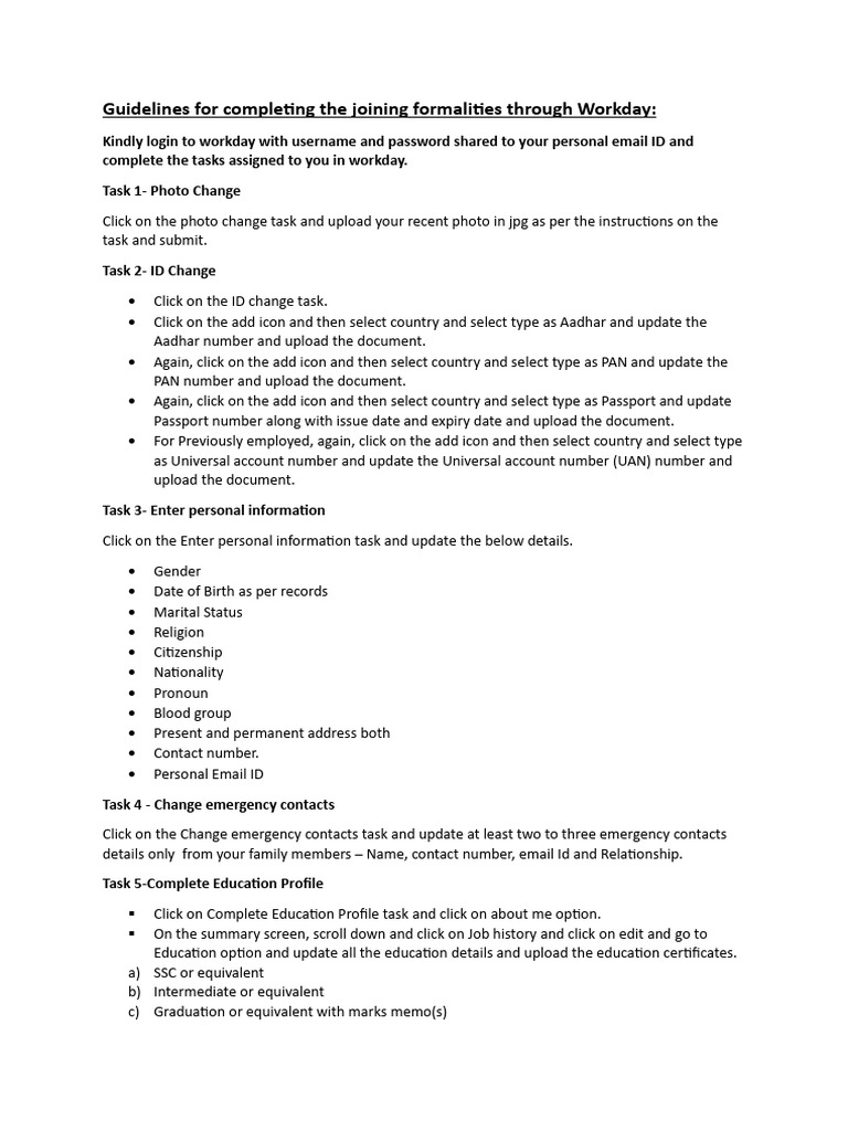 Guidelines For Completing The Joining Formalities Through Workday | PDF