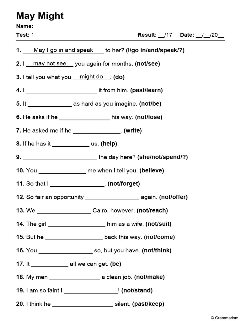 May vs. Might: Grammar Exercises | PDF