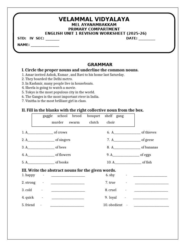 STD 4 English Worksheet Unit 1 | PDF | Grammatical Gender | Linguistic ...
