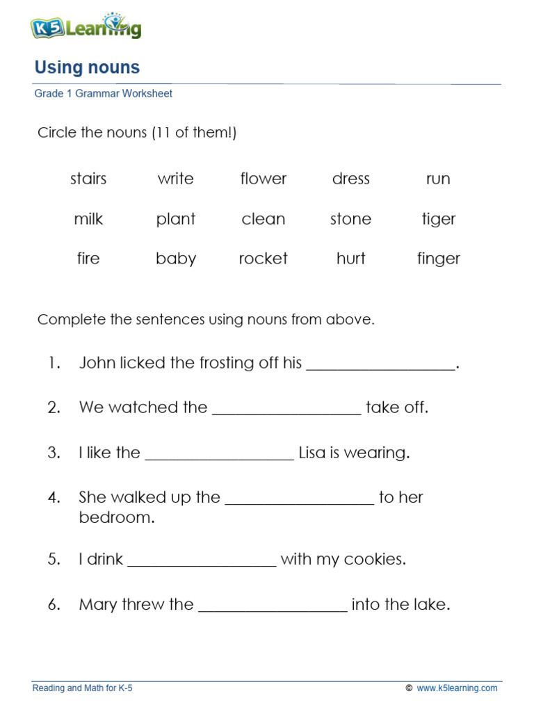 Grammar Worksheet Grade 1 Nouns 1 | PDF