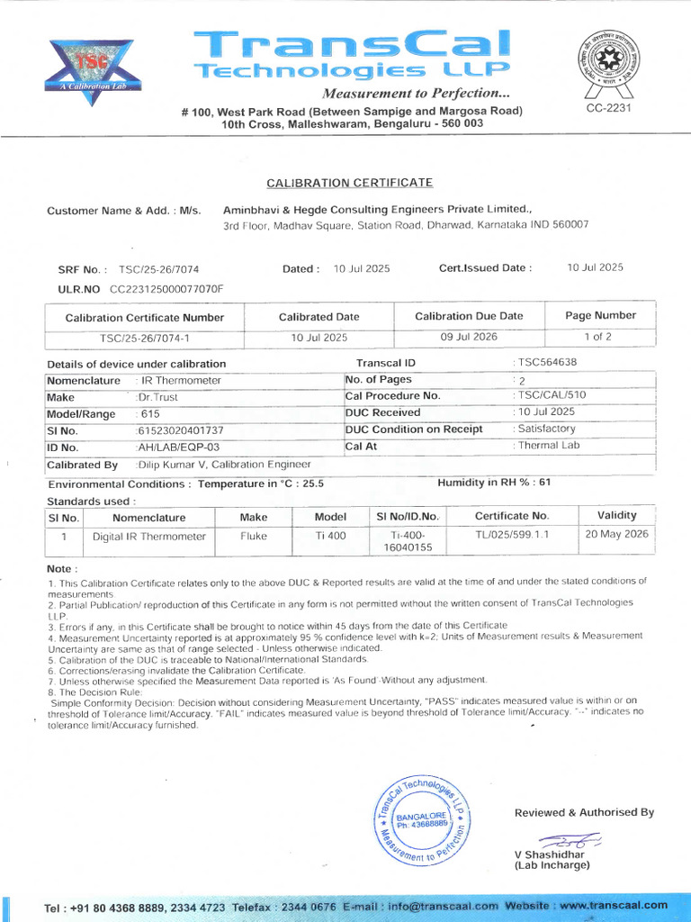 IR Thermometer Calibration Certificate | PDF