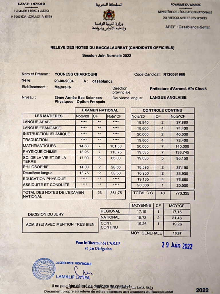 Relevé de Notes de Baccalaureat | PDF