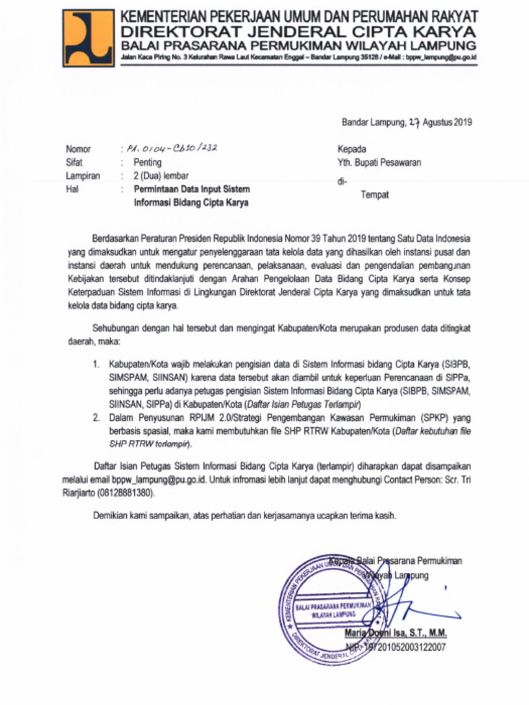 PA.0104-CB10232 - Permintaan Data Input Sistem Informasi Bidang Cipta Karya - Pesawaran | PDF