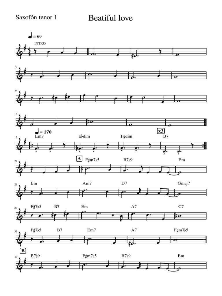 Tenor Saxophone Sheet Music: Beautiful Love | PDF