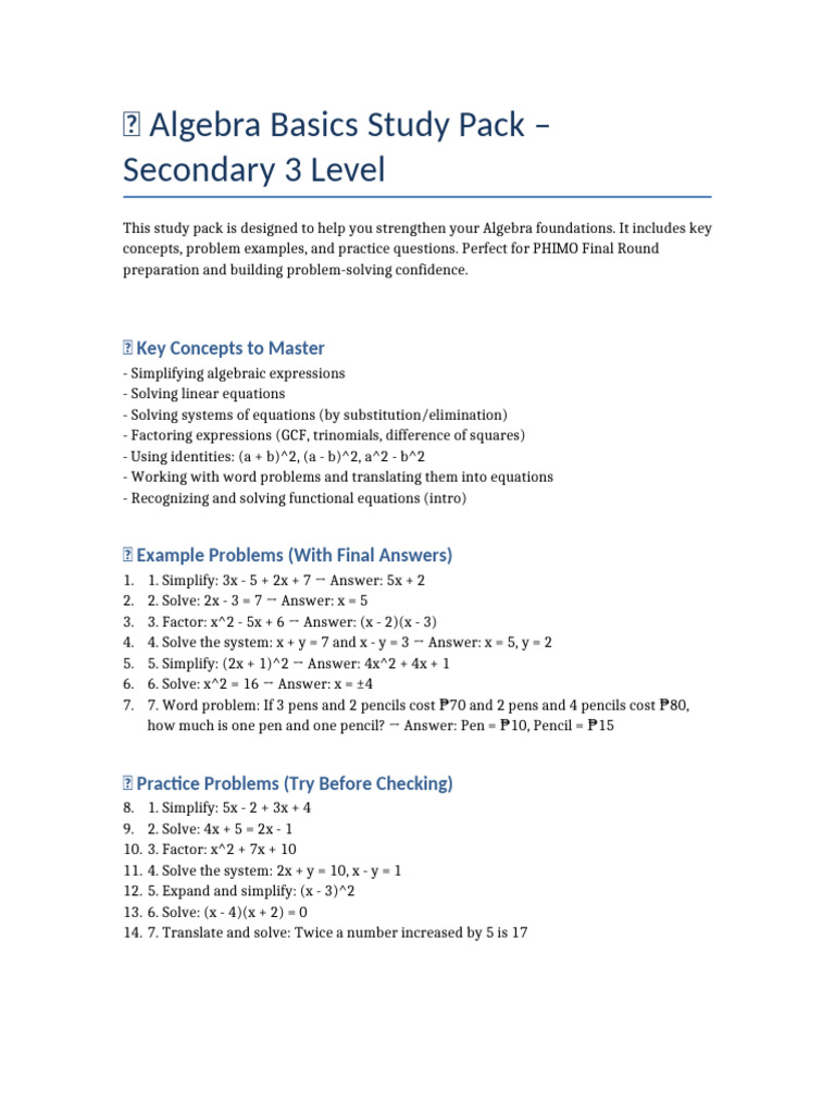 Algebra Basics Study Pack Secondary3 | PDF