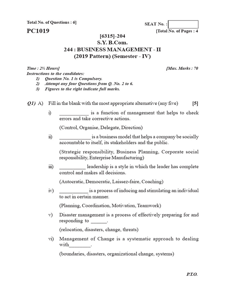 244 Business Management - Ii S.y.b.com (Sem. - Iv) - English 2019 Pattern | PDF | Leadership ...