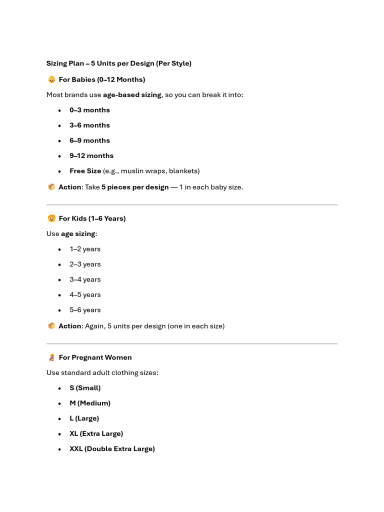 Sizing Plan for Clothing Units | PDF