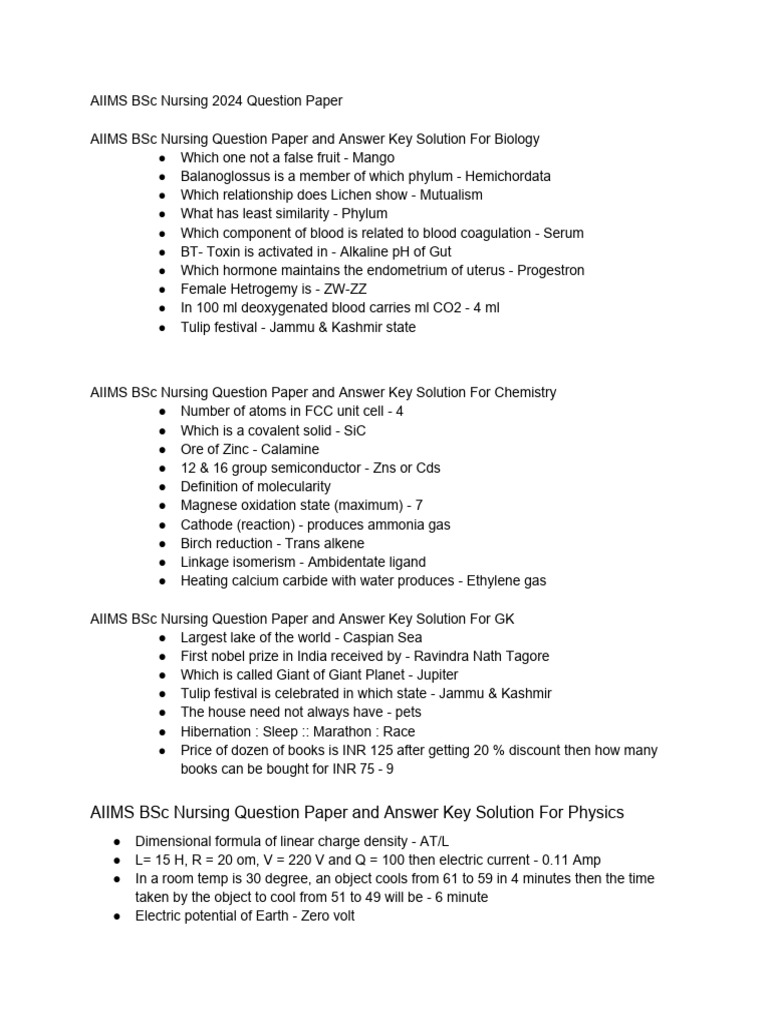 AIIMS BSc Nursing 2024 Question Paper | PDF
