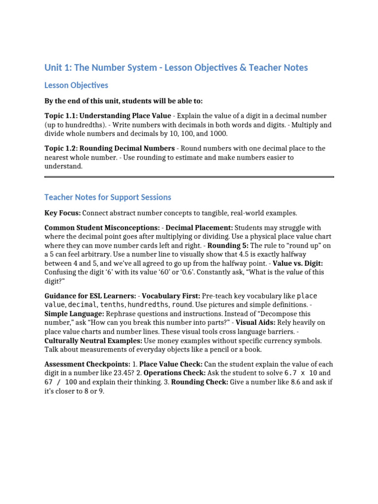 Unit1 Lesson Objectives Teacher Notes | PDF