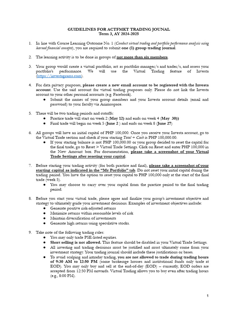 Trading Journal Guidelines for AY 2024-2025 | PDF | Investing | Stocks
