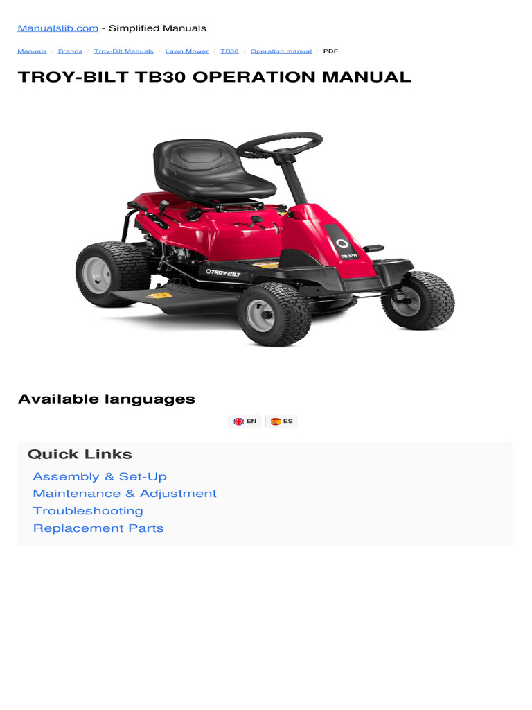 Troy-Bilt TB30R Operator's Manual | PDF | Screw | Tractor
