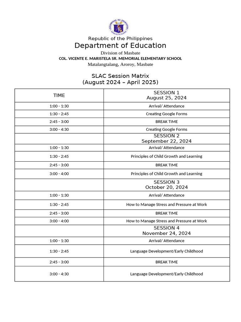 Slac Session Matrix Word 2024-2025 | PDF | Cognitive Science | Behavior Modification