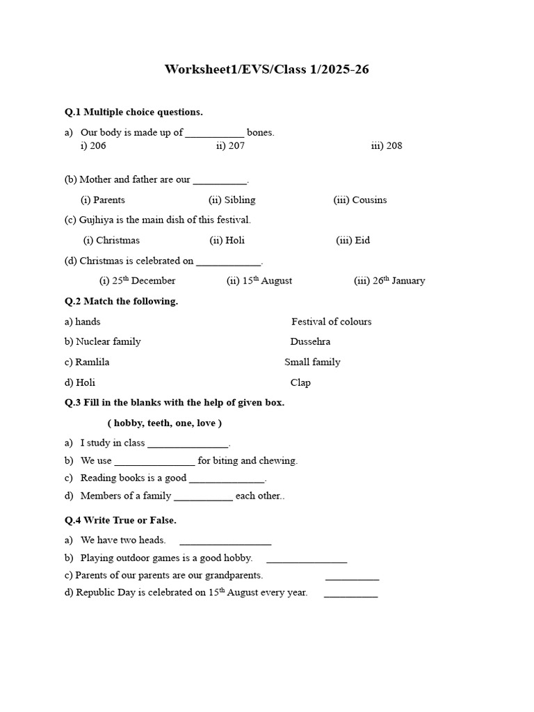 Worksheet-1 Class 1 EVS | PDF