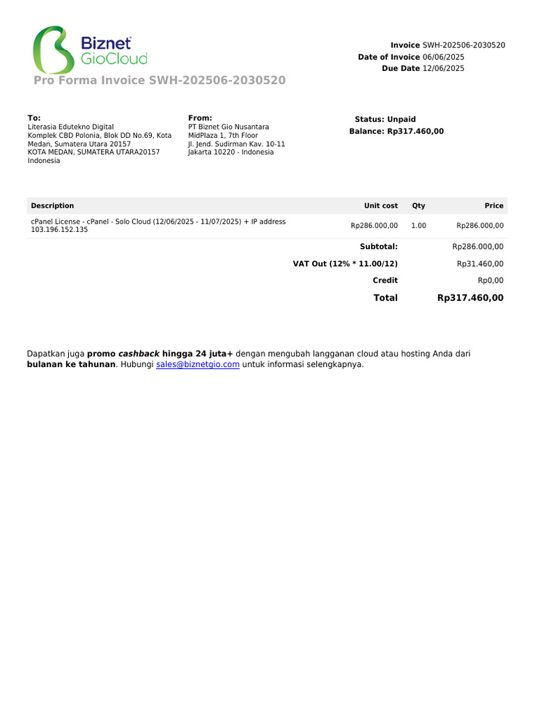 Pro Forma Invoice PT Biznet Gio 2025 | PDF