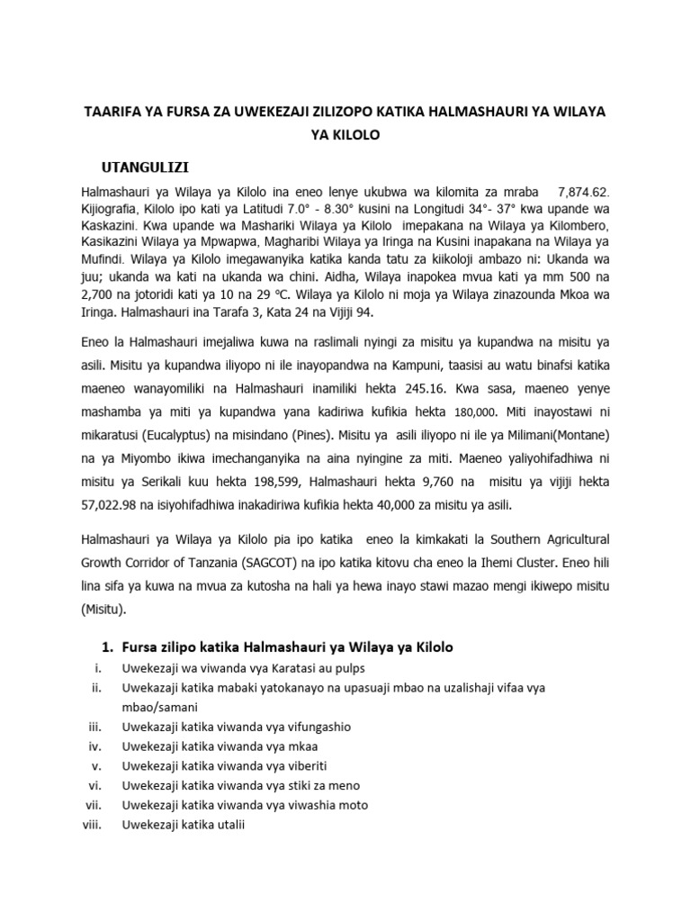 Taarifa Fursa Za Uwekezaji | PDF