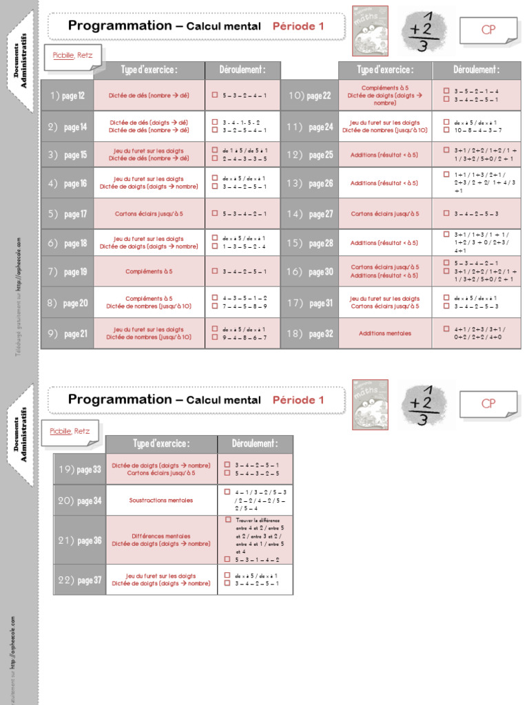 Programmation de Calcul Mental CP | PDF