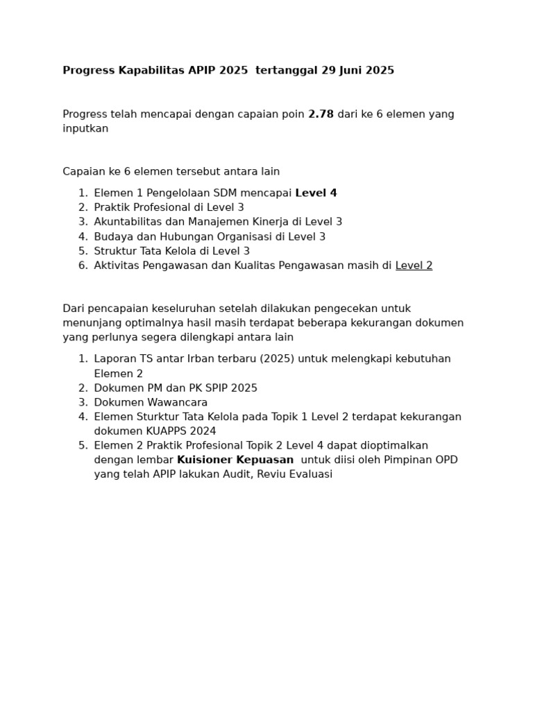 Progress Kapabilitas APIP 2025 Tertanggal 29 Juni 2025 | PDF