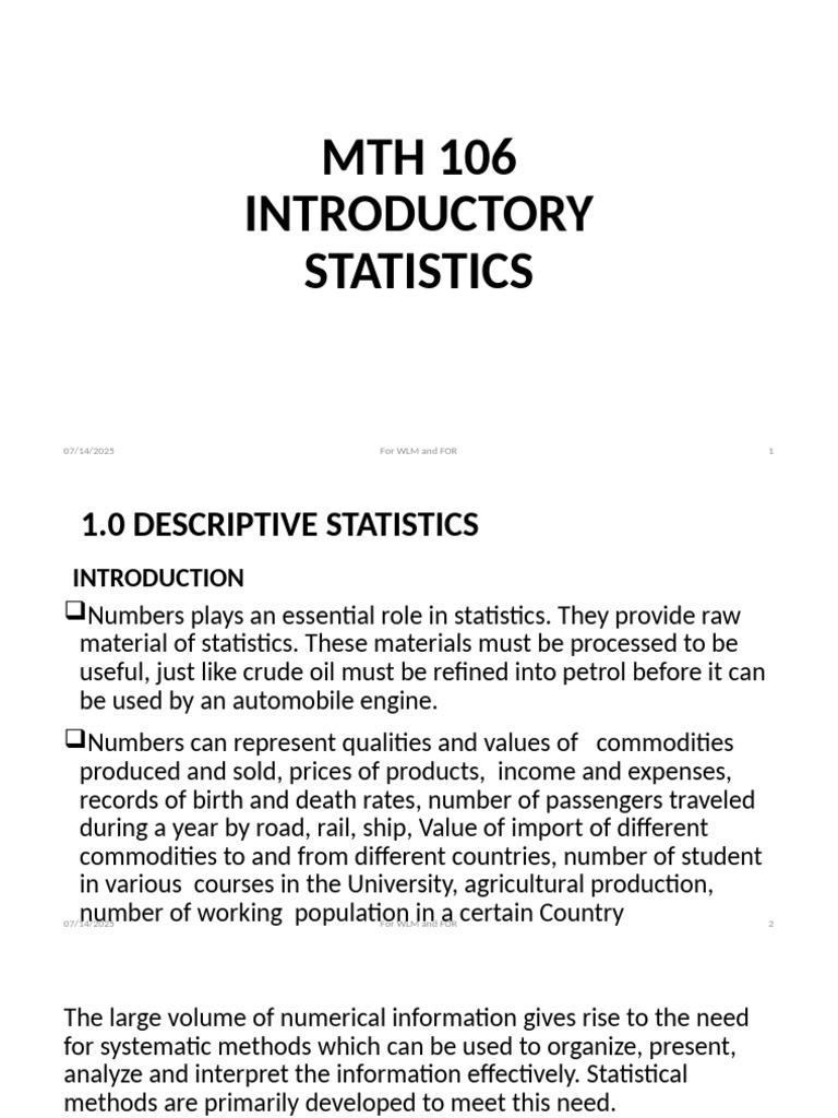 Lecture 1-Descriptive Statistics-MTH 106-First Draft | PDF | Level Of ...