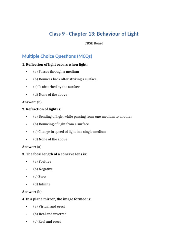 Chapter 13 Behaviour of Light | PDF | Reflection (Physics) | Refraction
