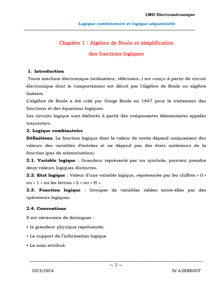 Algèbre de Boole et Logique Combinatoire | PDF | Algèbre de Boole ...