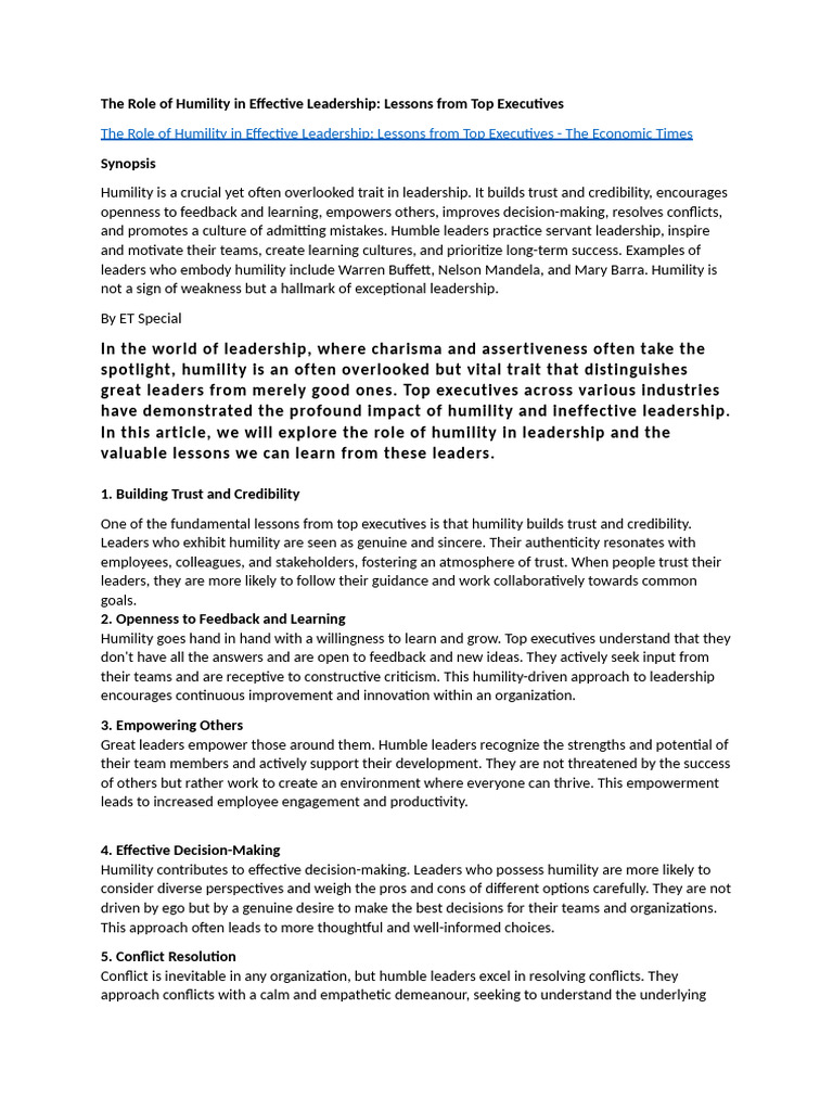 The Role of Humility in Effective Leadership Lessons From Top ...